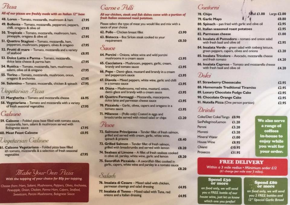Menu at Leo's Italian Express pizzeria, Sheffield