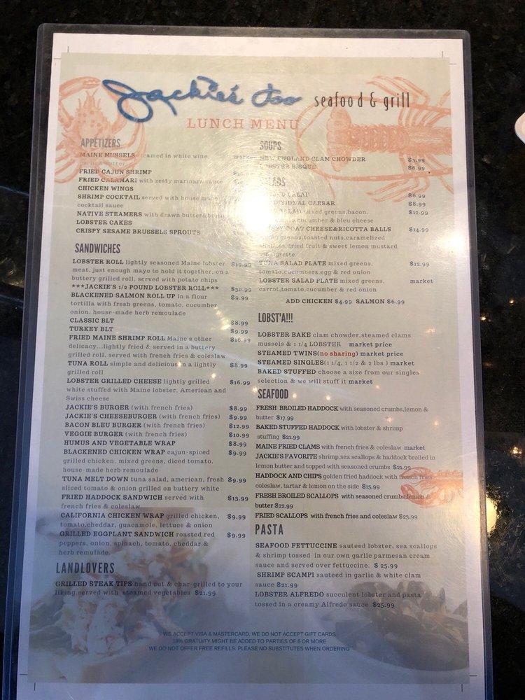 Menu at Jackie's Too pub & bar, Ogunquit, 91 Perkins Cove Rd