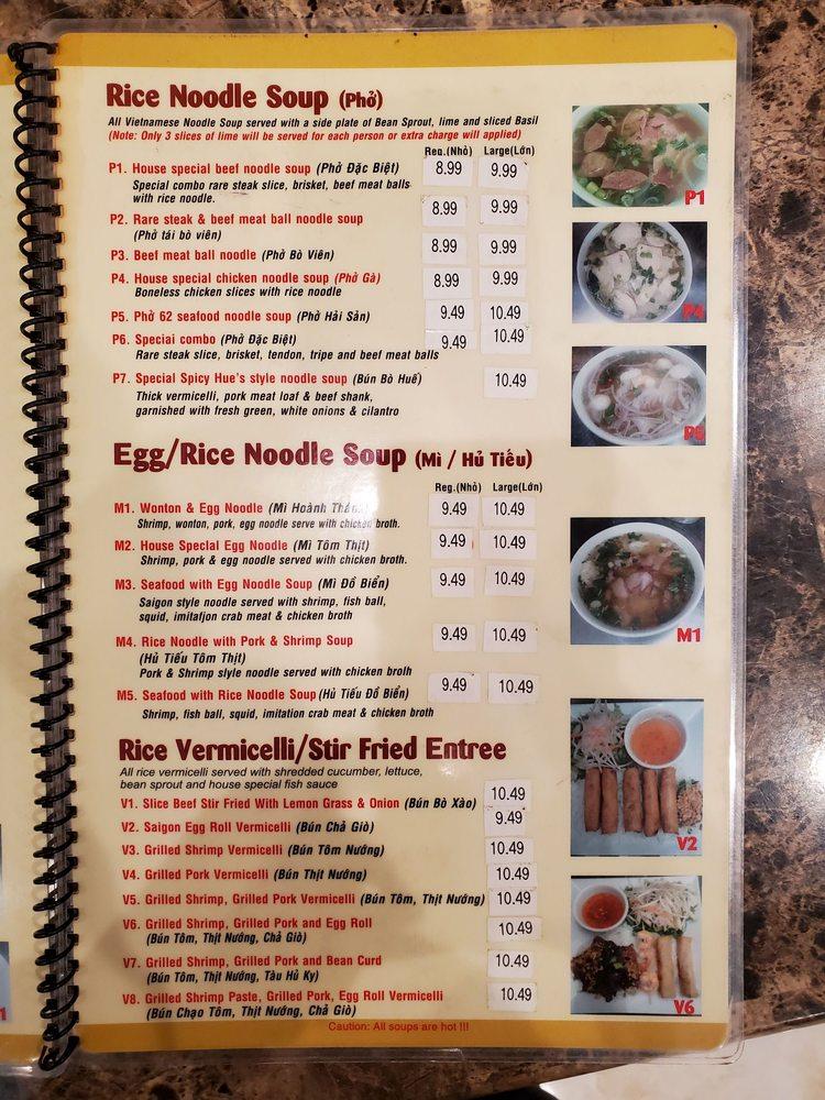Menu at Phở 62 Grill and Noodle restaurant, Rialto