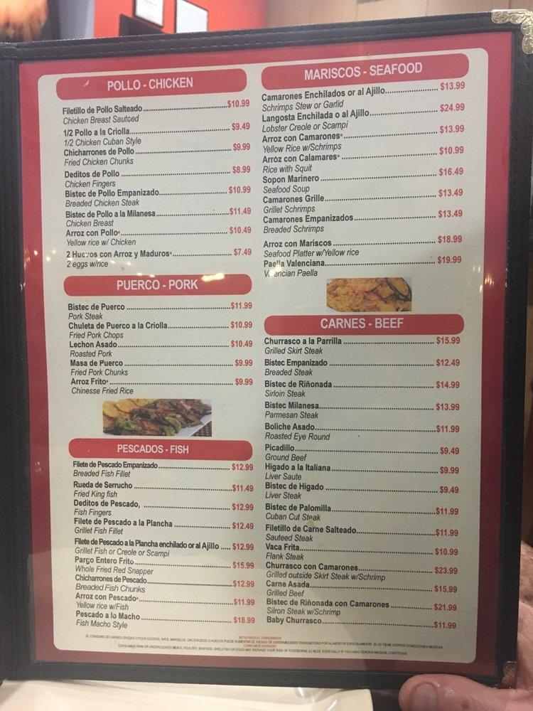 Menu at Rinconcito Cubano Criollo restaurant, Miami, 890 SW 87th Ave