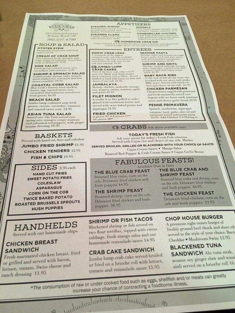Menu at The Blue Crab restaurant, Bethany Beach