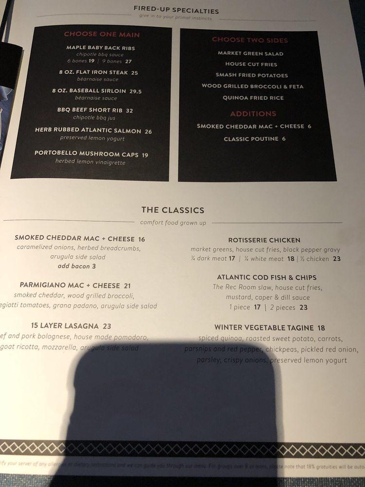 Menu at The Rec Room restaurant, Calgary