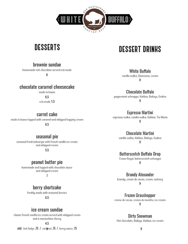 Menu at The White Buffalo Bar & Grille, Mackinaw City