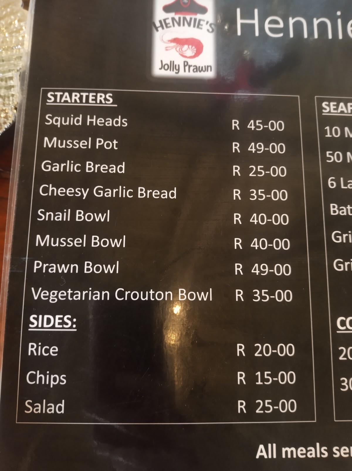 Menu at Hennie's Jolly Prawns restaurant, Centurion