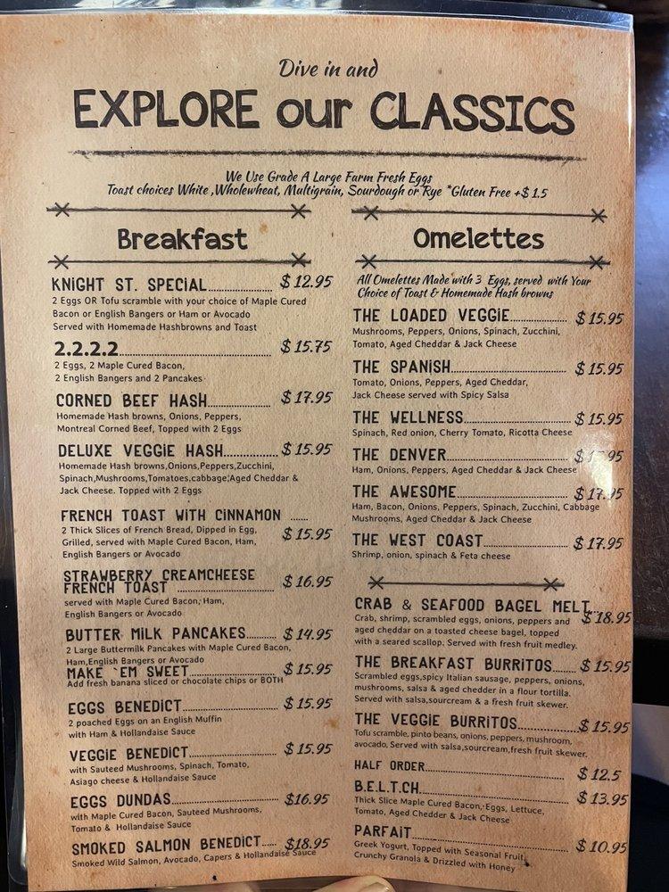 Menu at Knight Street Cafe, Vancouver
