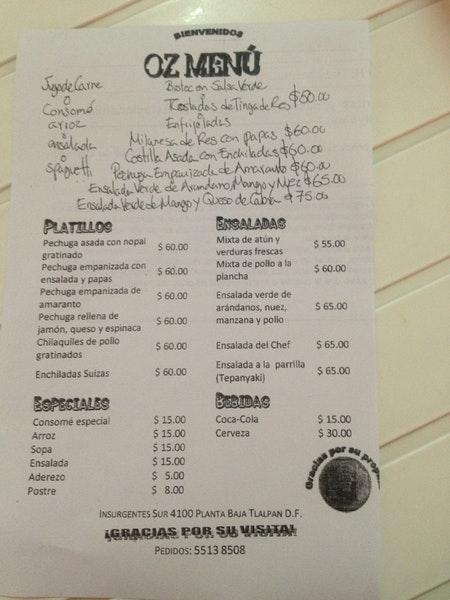 Menu at Oz restaurant, Mexico City