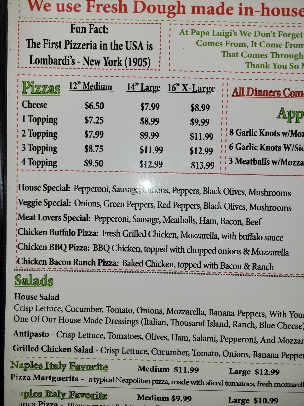 Menu at Papa Luigi's pizzeria, Old Town