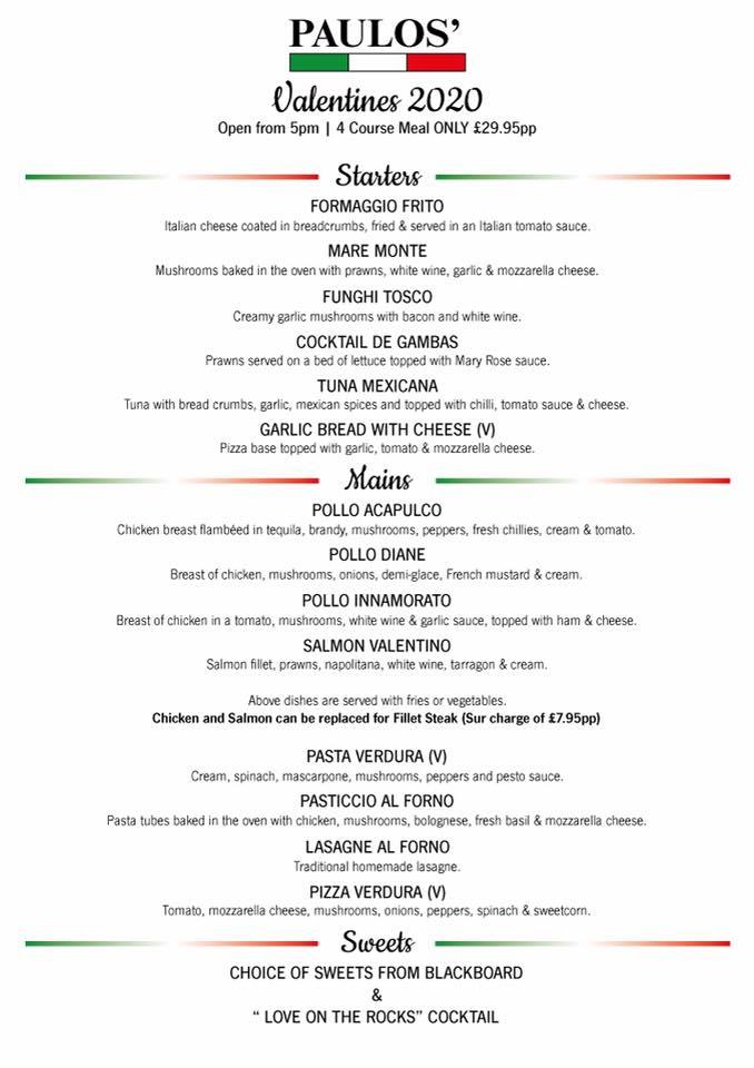 Menu at Paulos Restaurant, Dinnington