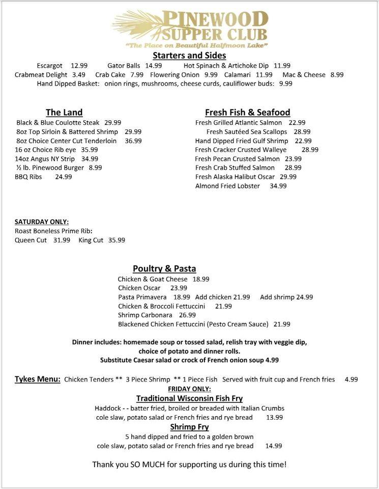 Menu at Pinewood Supper Club, Mosinee
