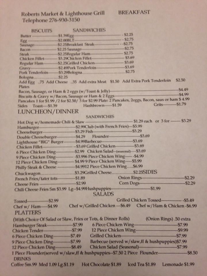 Menu at Roberts Market & Lighthouse Grill restaurant, USA