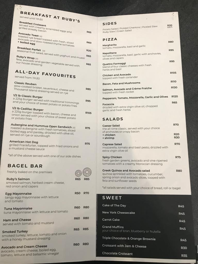 Menu at Ruby's Bakery & Café, Cape Town