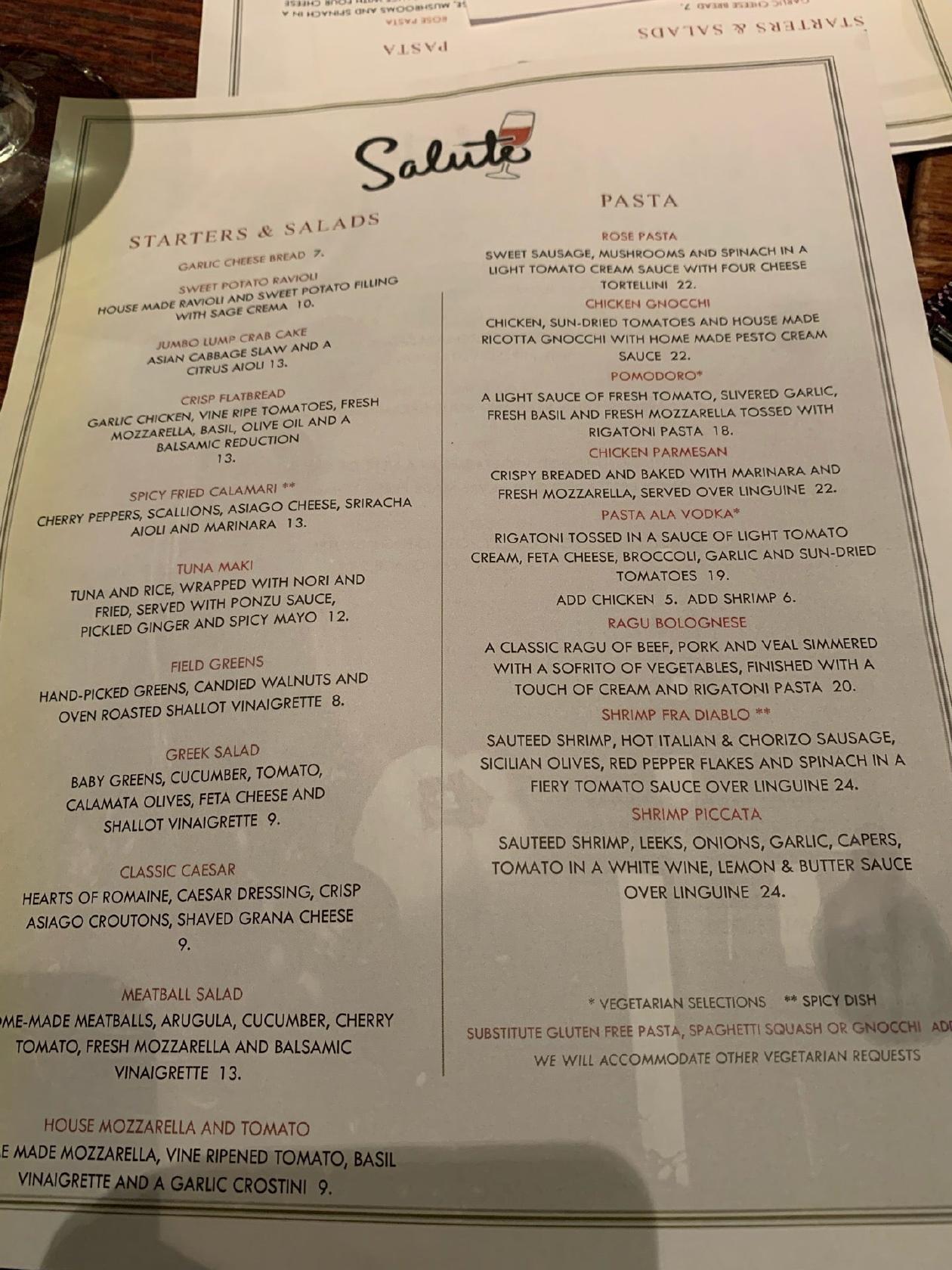 Menu at Salute restaurant, Hartford