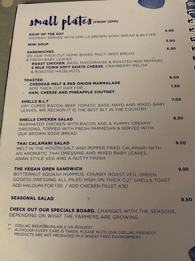 Menu at Shells Cafe, Strandhill, Seafront