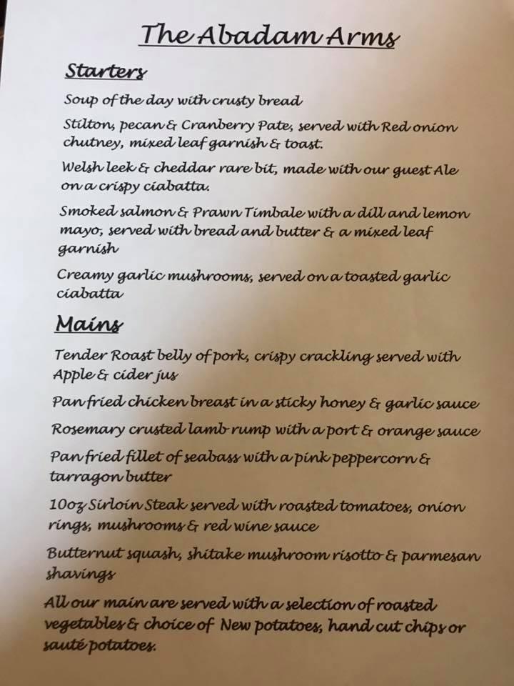 Menu at Abadam Arms pub & bar, Porthyrhyd, Porthyrhyd