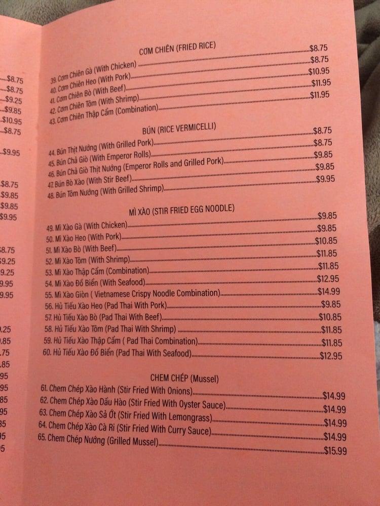 Menu at Hong Yen restaurant, Springfield