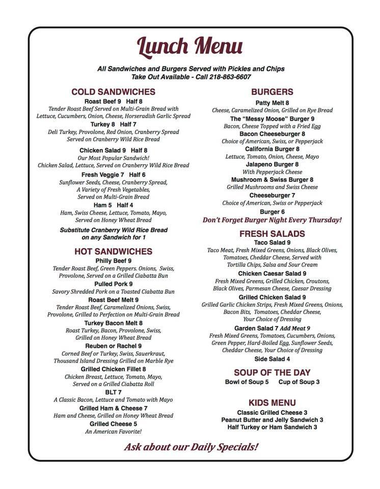Menu at The Muddy Moose restaurant, Pelican Rapids