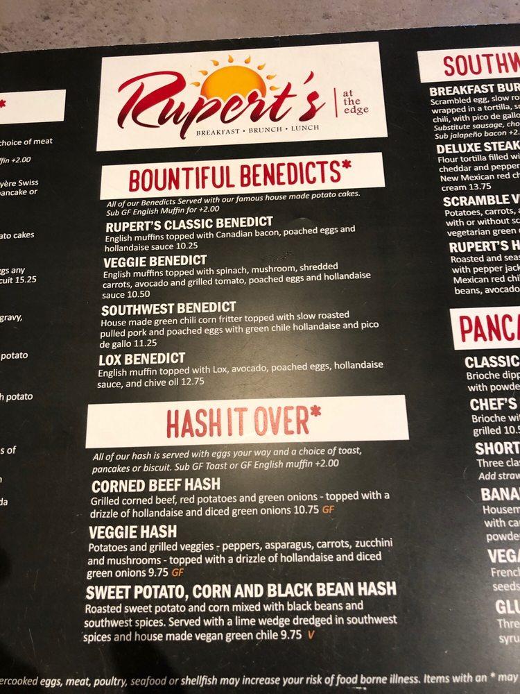 Menu at Rupert's at the Edge restaurant, Edgewater