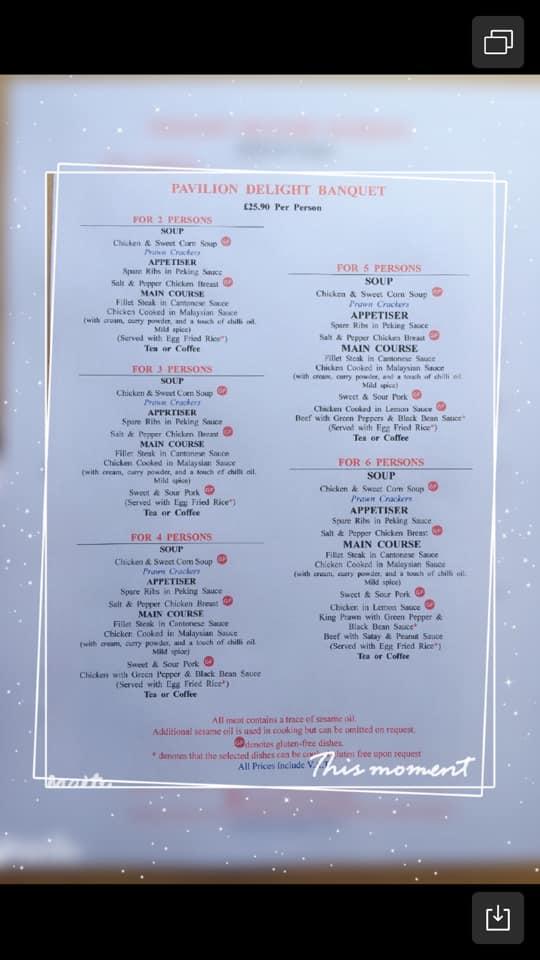 Menu at The Pavilion restaurant, Consett