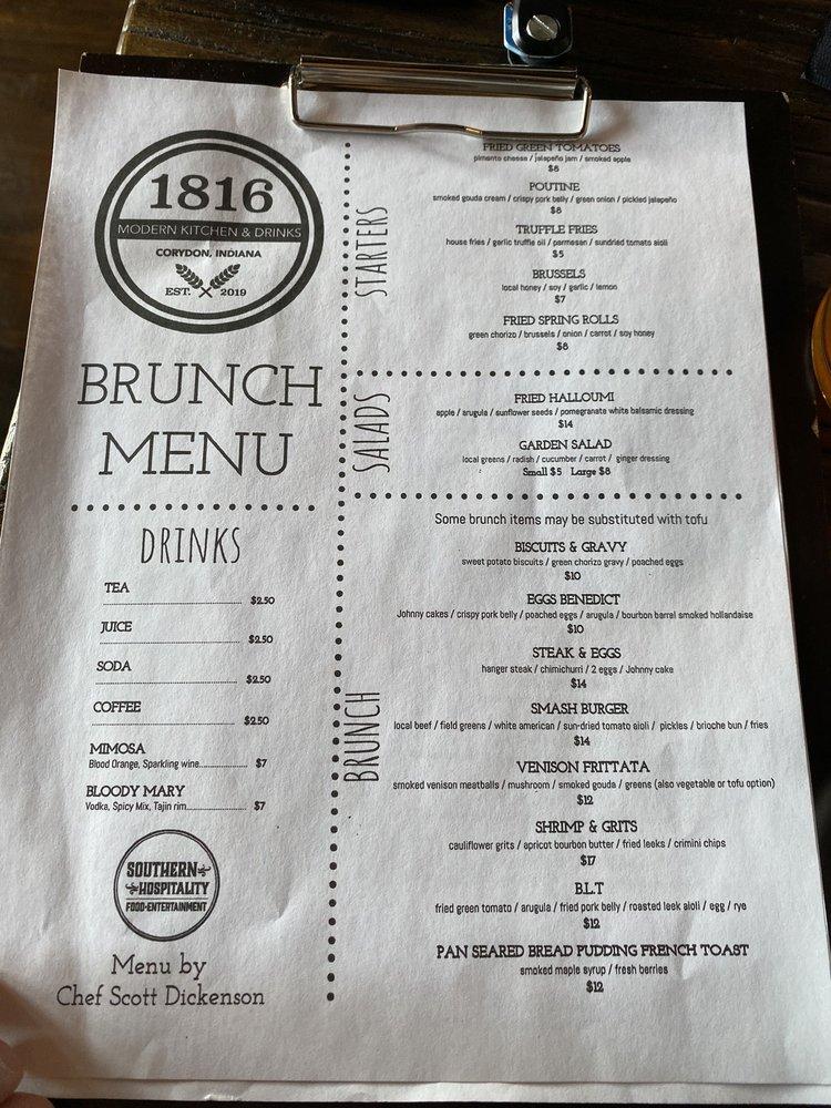 Menu at 1816 Modern Kitchen & Drinks restaurant, Corydon