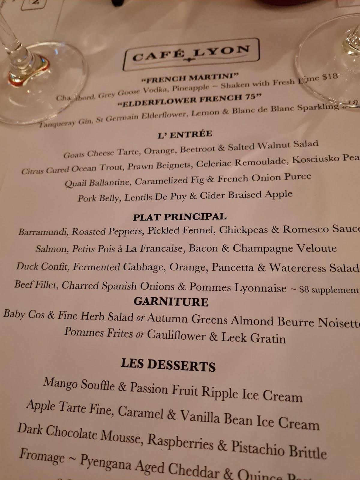 Menu at Café Lyon restaurant, Lindfield