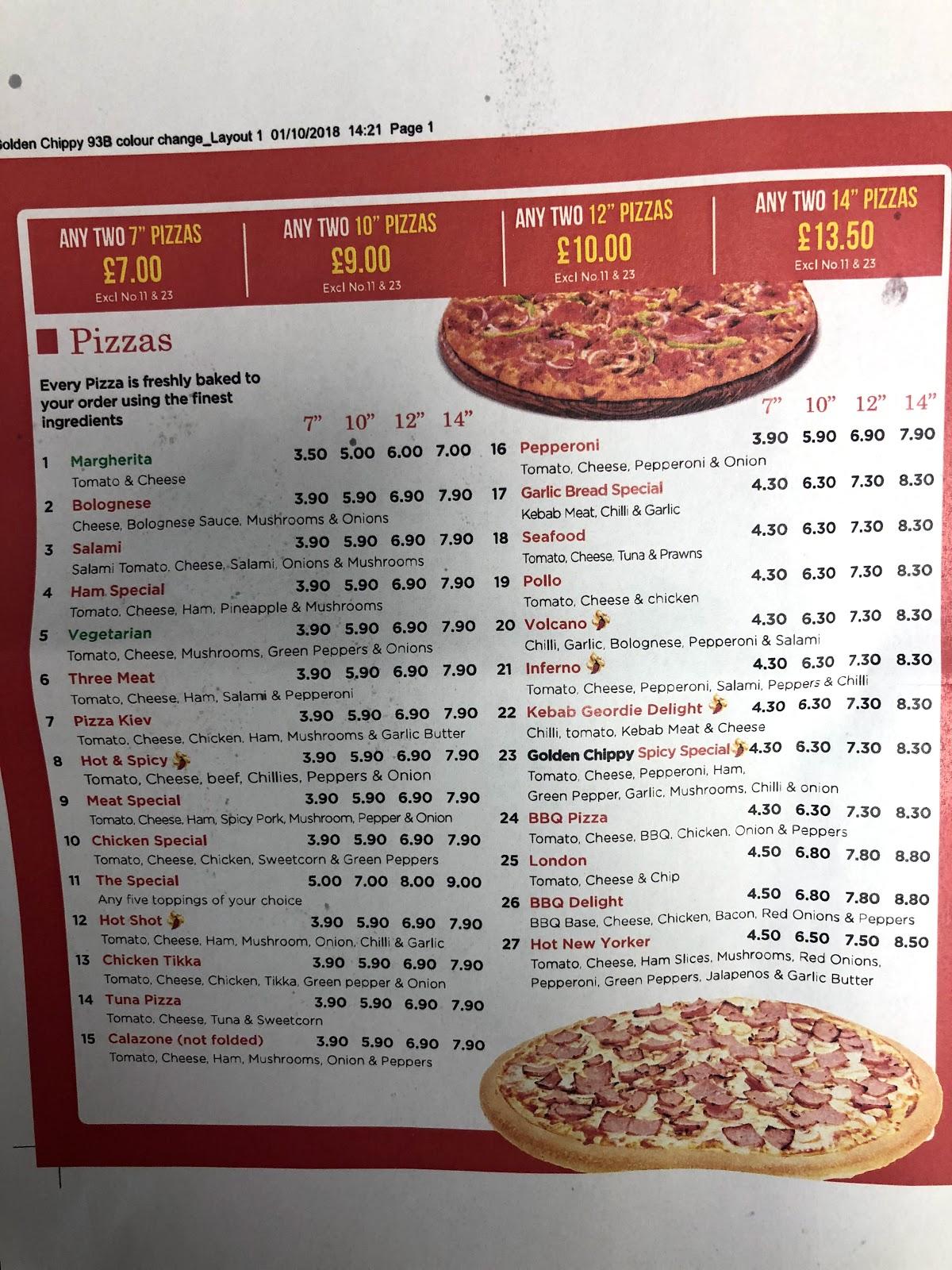 Menu at Golden Chippy restaurant, Wallsend, 18 Coast Rd
