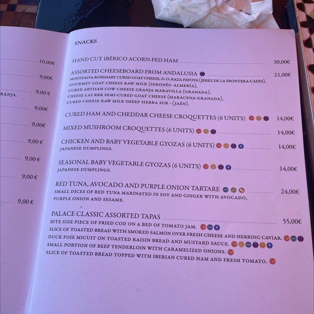 Menu at Hotel Alhambra Palace restaurant, Granada