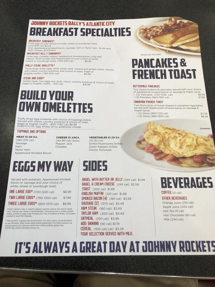 Carta del restaurante Johnny Rockets, Atlantic City, Pacific Ave