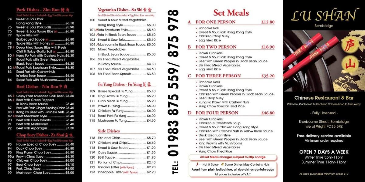 Menu at Lu Shan Chinese Restaurant, Bembridge