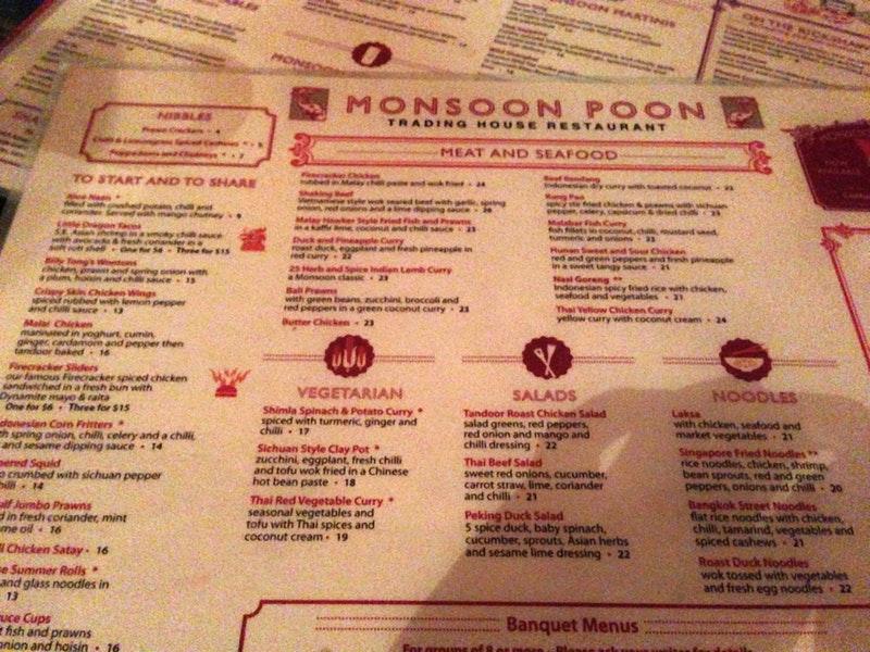Menu at Monsoon Poon restaurant, Auckland, 1 Lower Hobson St