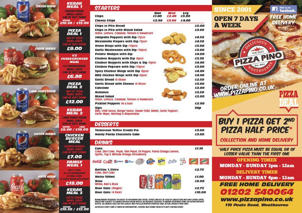 Menu at Pizza Pino Takeaway Westbourne fast food, Bournemouth