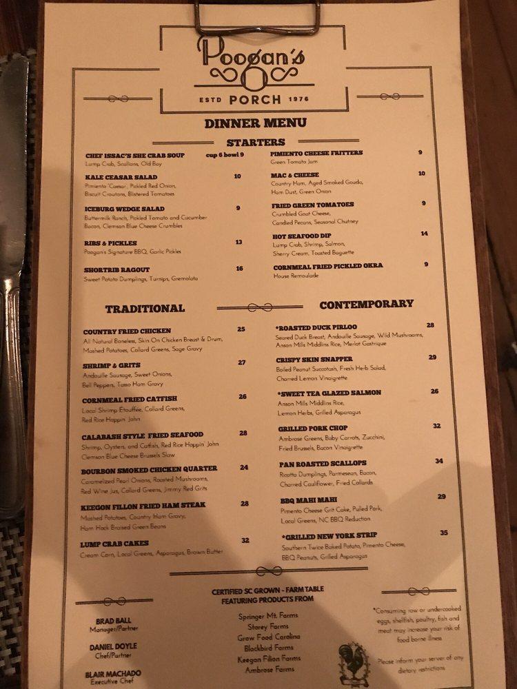 Menu at Poogan's Porch restaurant, Charleston