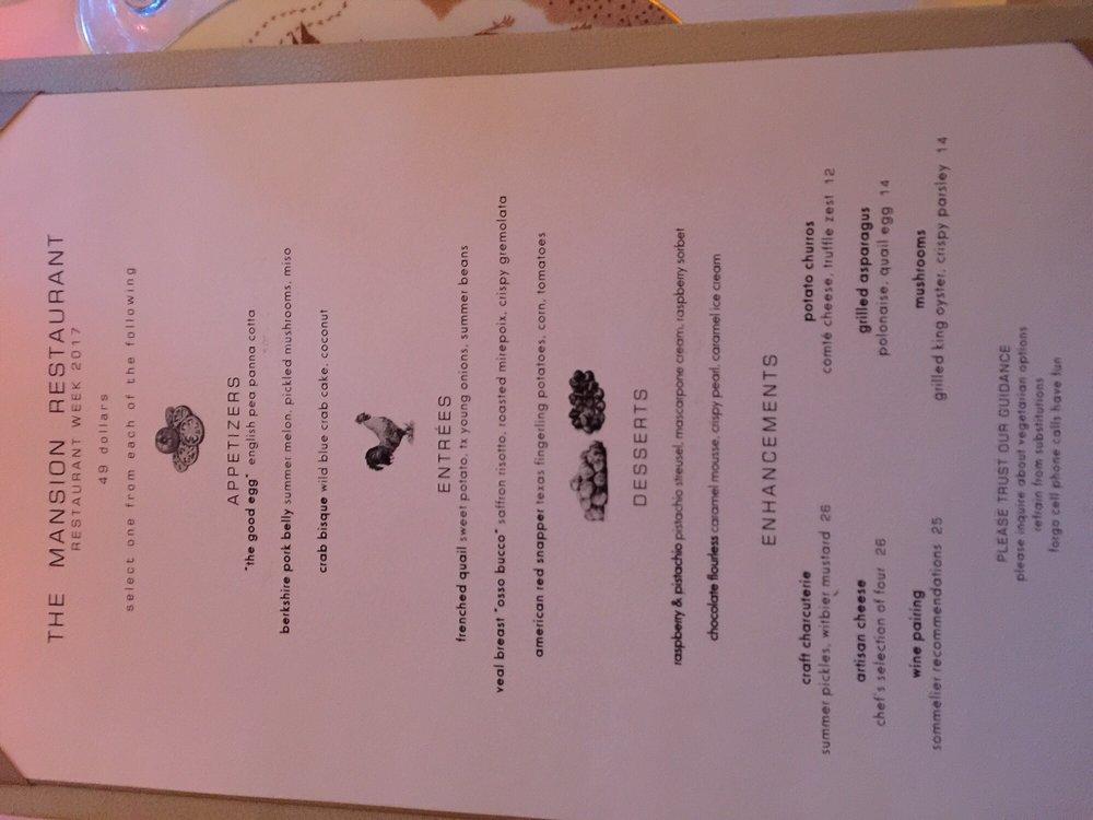 Menu at The Mansion Restaurant, Dallas, Turtle Creek Blvd