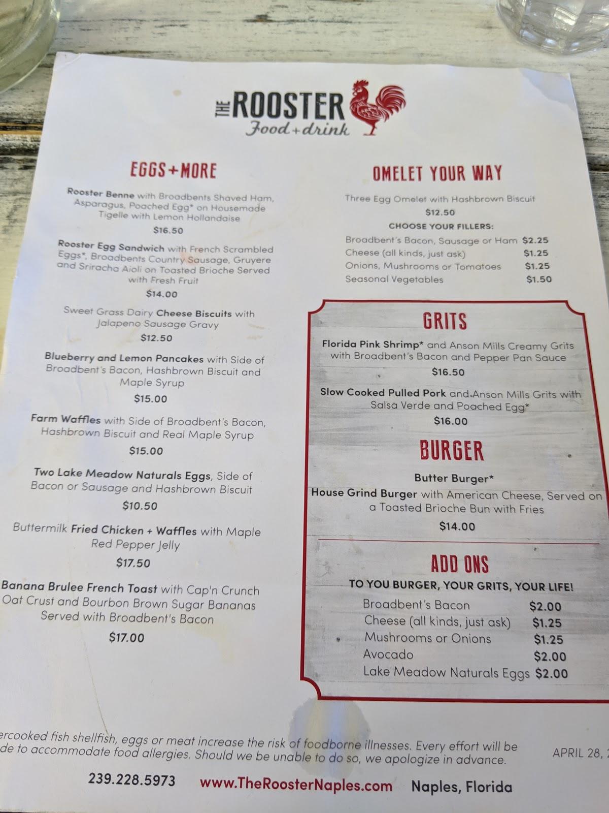 Menu at The Rooster Food+Drink restaurant, Naples