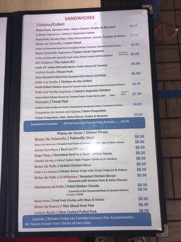 Menu at Union Bakery, Lake Worth