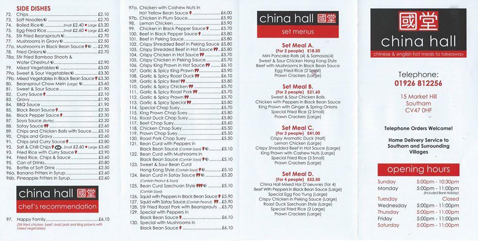 Menu at China Hall fast food, Southam