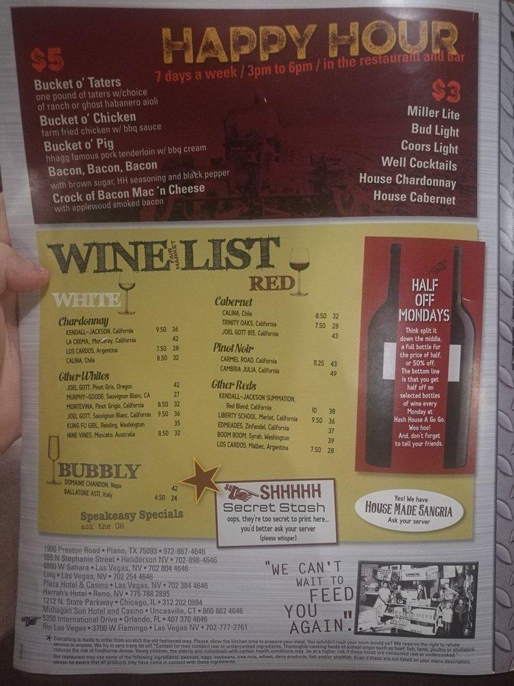 Menu at Hash House A Go Go restaurant, Orlando