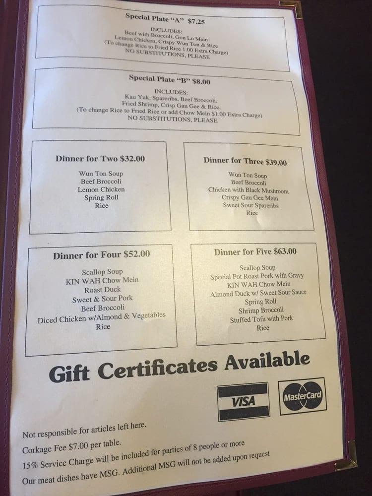 Menu at Kin Wah Chop Suey restaurant, Kaneohe