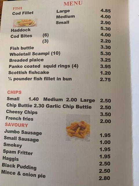 Menu at Lanchester Fish Bar, Burnhope