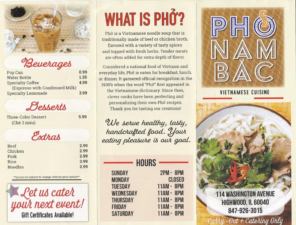 Menu at Pho Nam Bac restaurant, Highwood