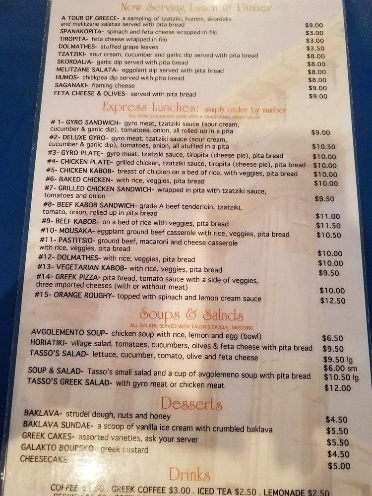 Menu at Tasso's Greek Restaurant, Kansas City