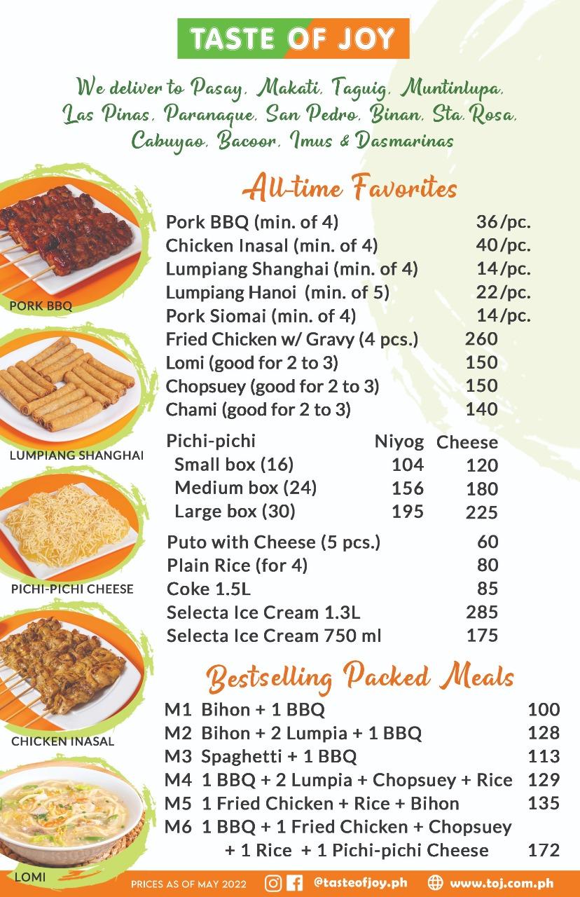 Menu at Taste Of Joy Bayanan restaurant, Muntinlupa, 246 National Road