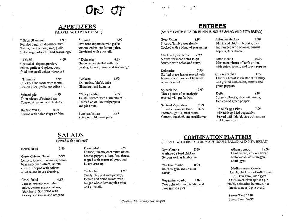 Menu at Athens Cafe, Robbinsdale