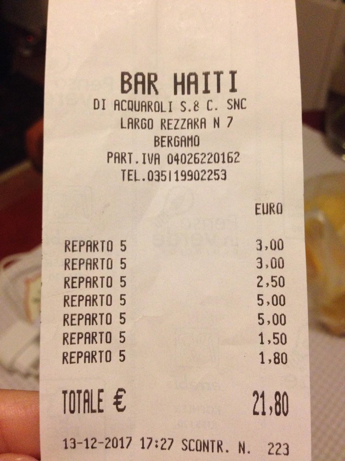 Menu at BAR Haiti, Bergamo