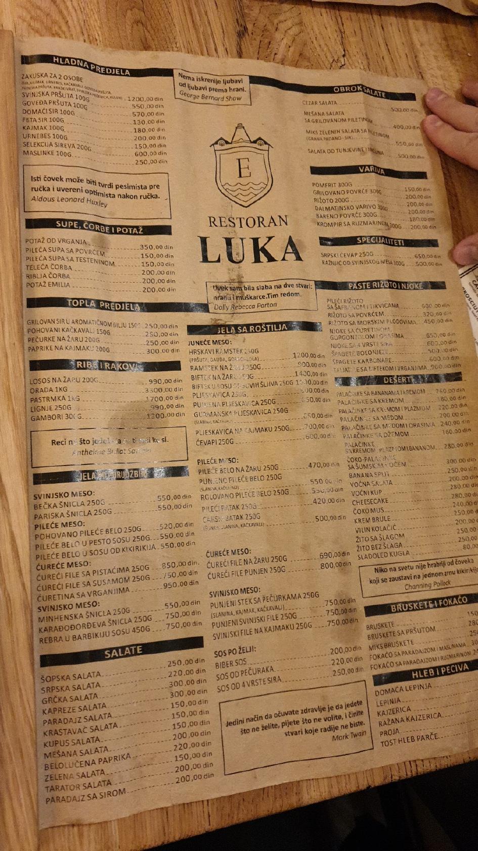 Menu at Bistro Luka restaurant, Vrnjačka Banja