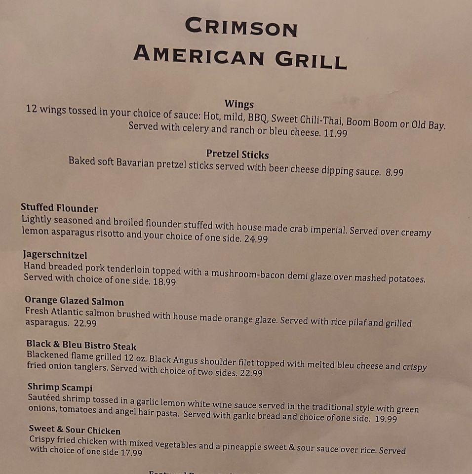 Menu at Crimson American Grill restaurant, York