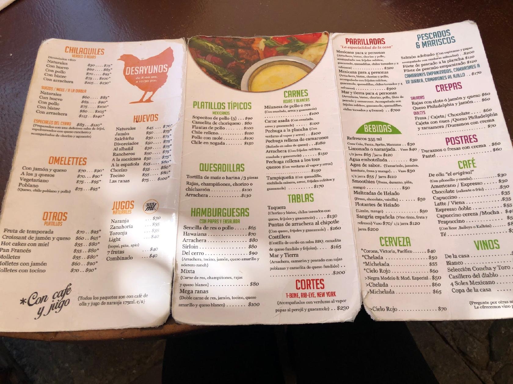 Carta de cafetería El Cerro De Las Ranas, Guanajuato