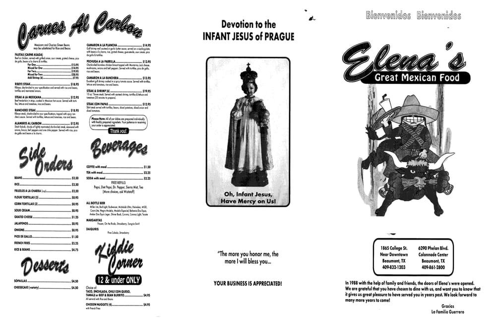 Menu at Elena's Mexican Restaurant, Beaumont, College St