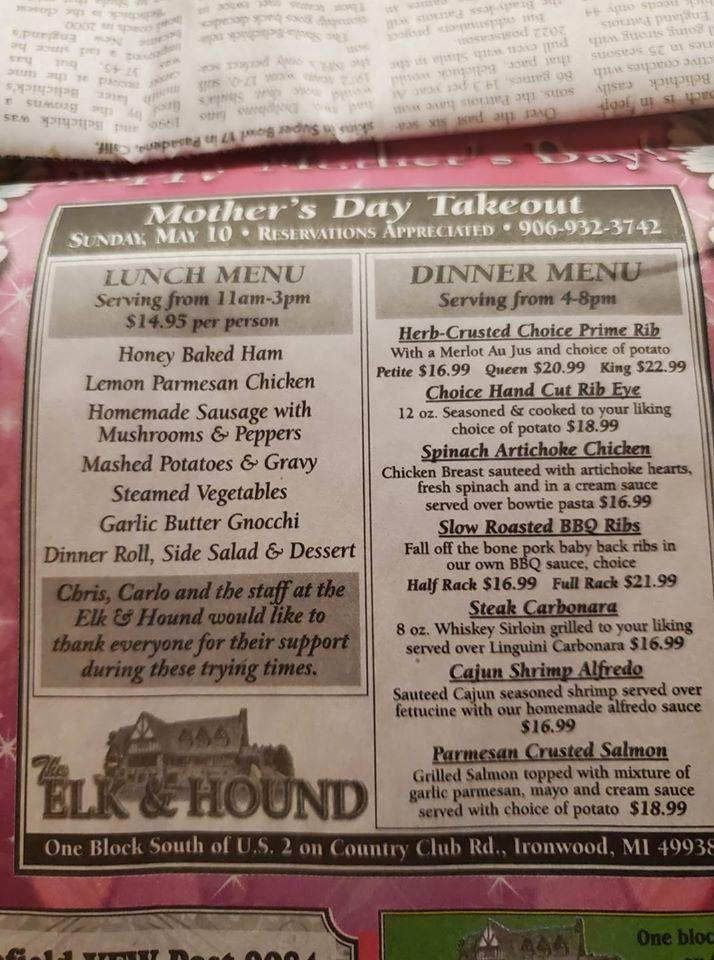 Menu at Elk & Hound Restaurant, Ironwood