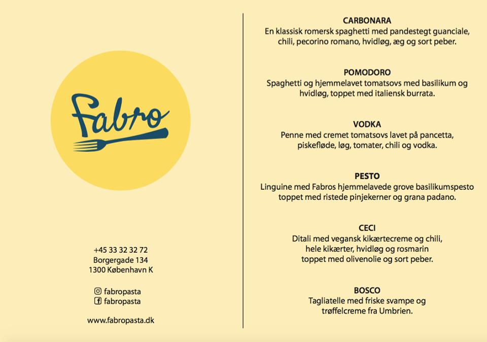 Menu at Fabro restaurant, Copenhagen