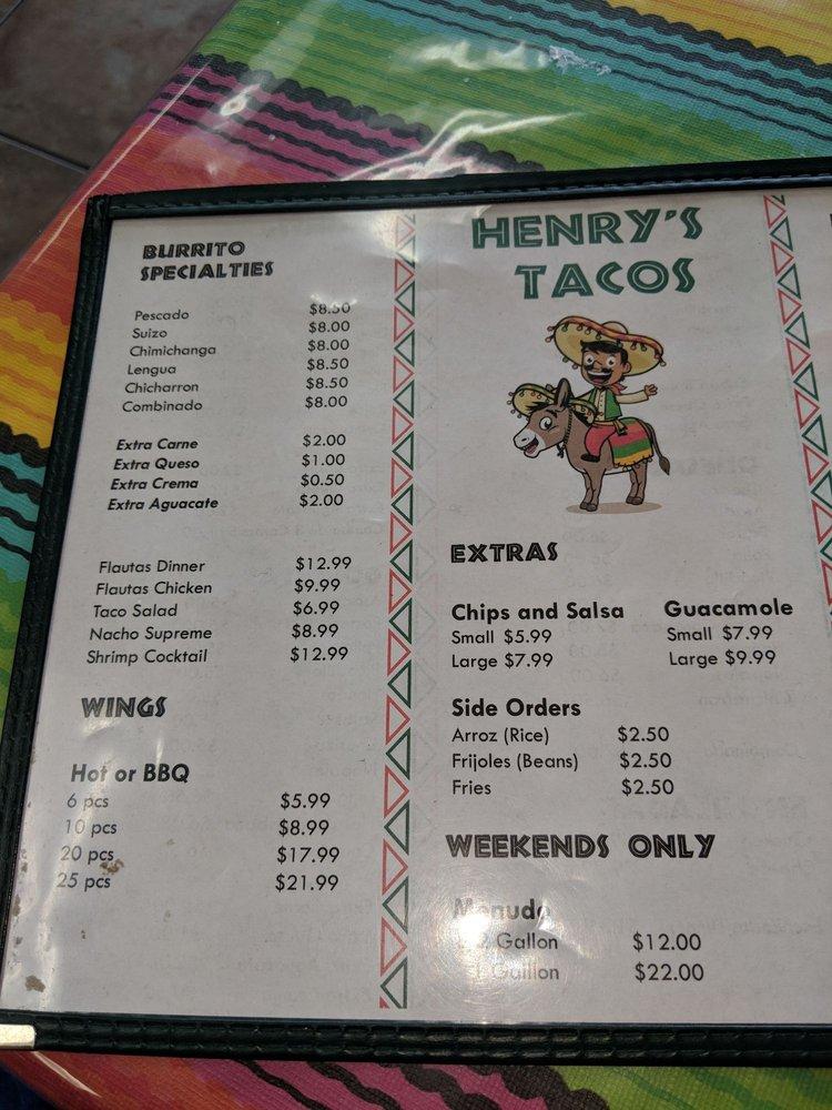 Menu at Henry's Tacos restaurant, Justice